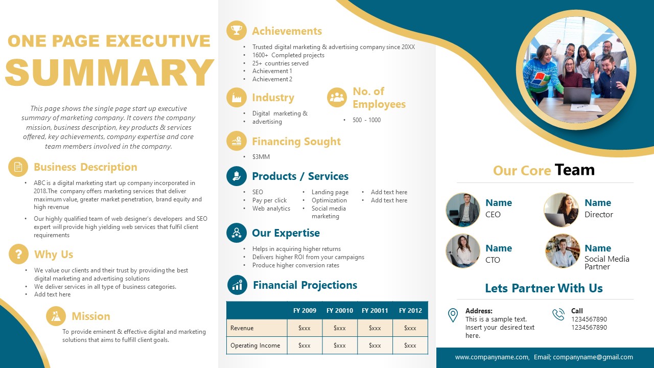 One Pager Startup Executive Summary Template SlideModel